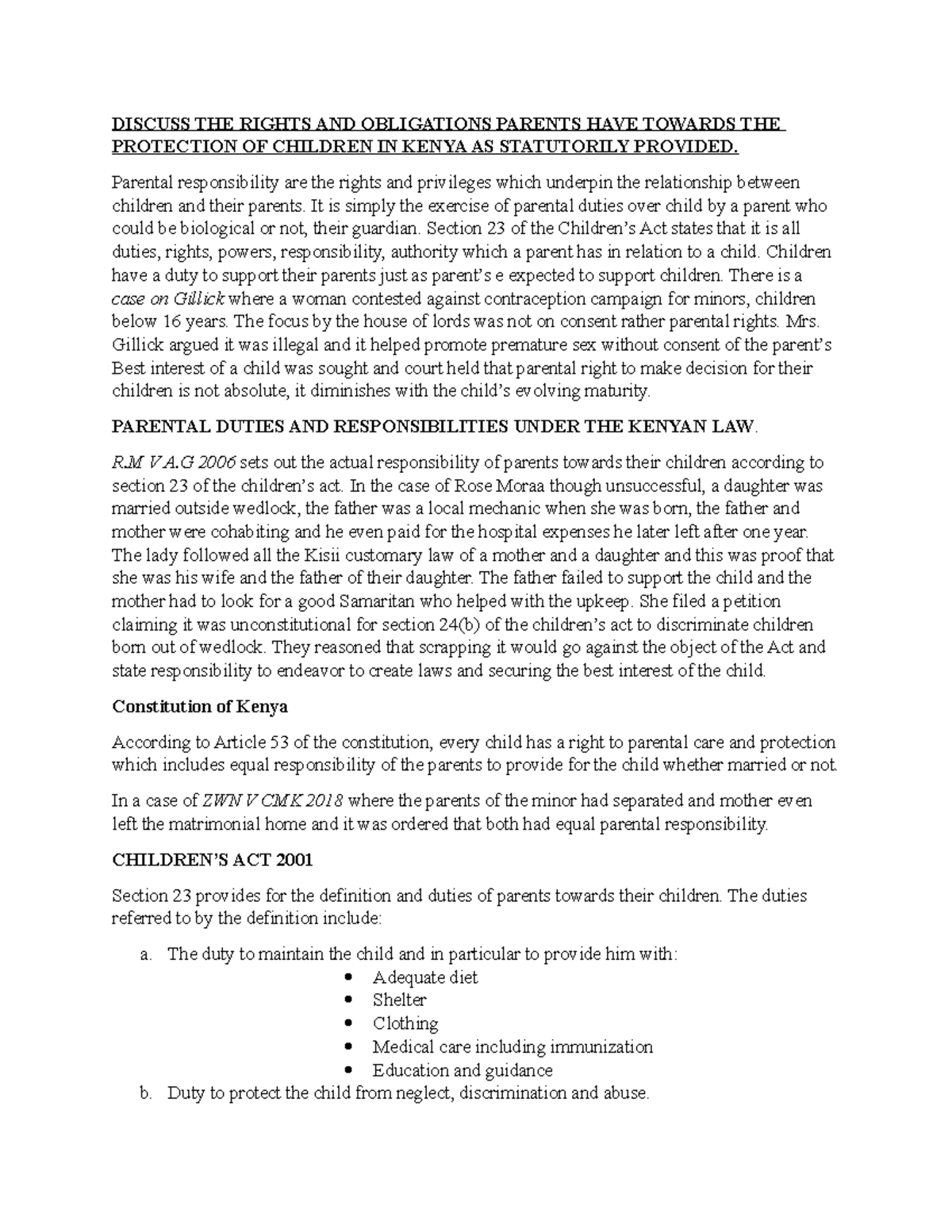 Rights and obligations parents have towards the protection of children ...