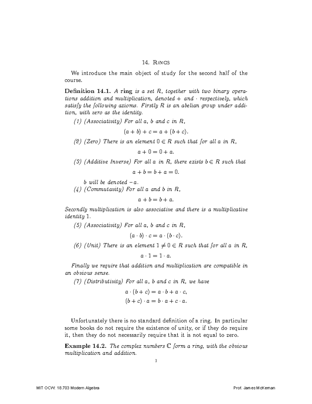 Modern Algebra Lecture 14 - Rings We introduce the main object of study ...