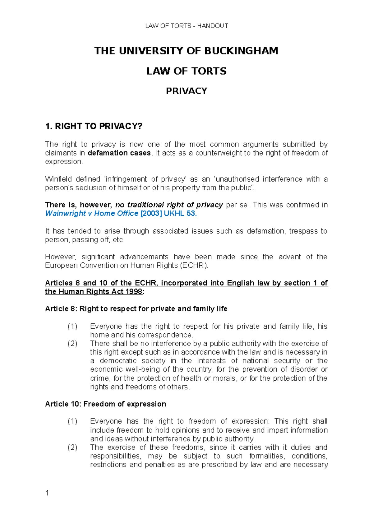 W7T2. Handout - Guide to Privacy under the Law of Tort including right ...