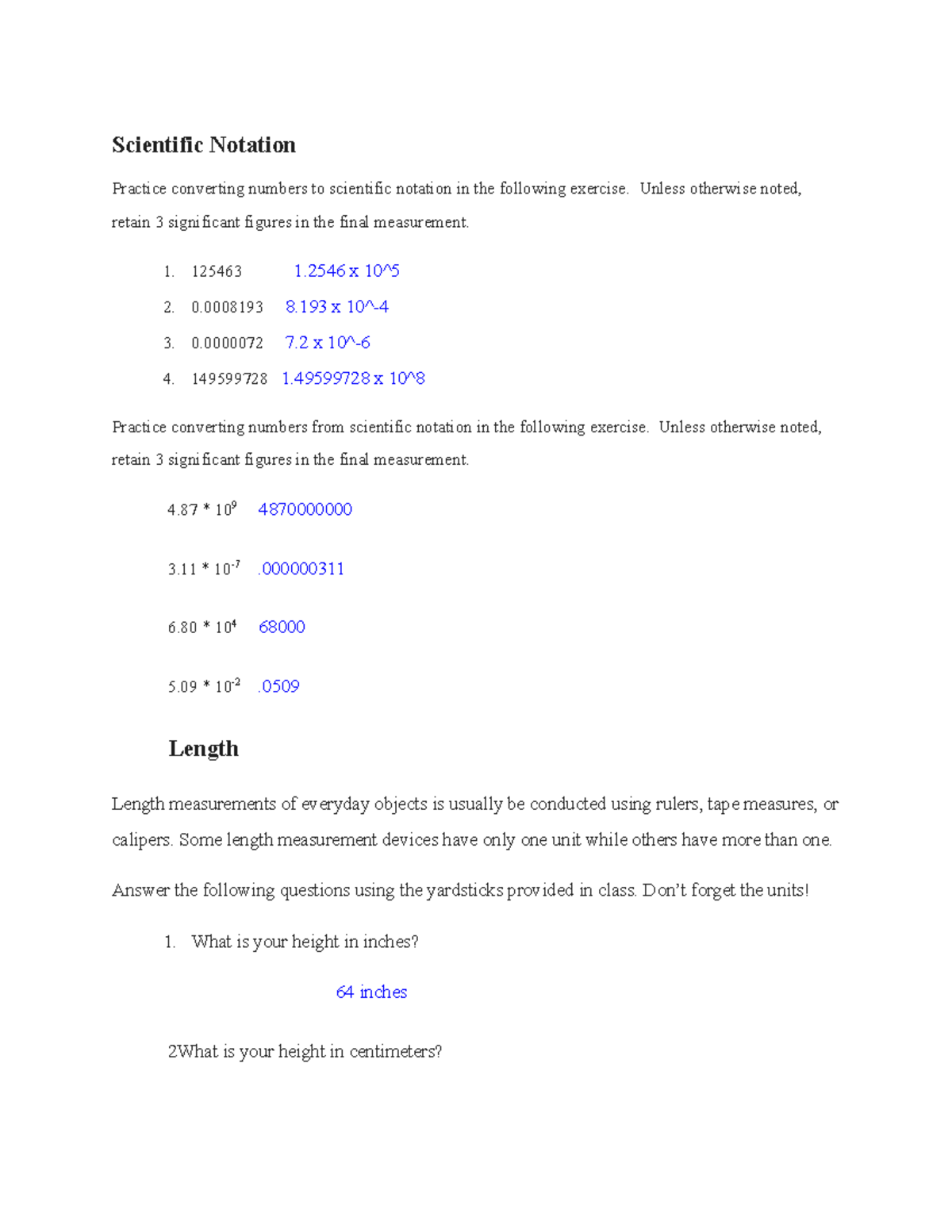 Eco lab 1 - Scientific Notation Lab 1 - Scientific Notation Practice ...