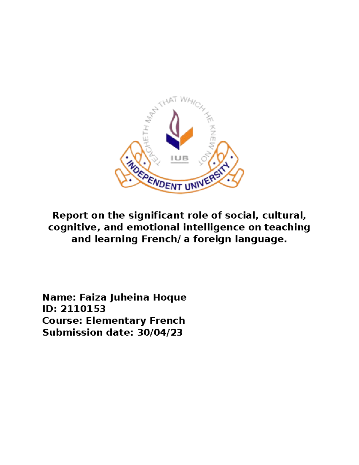 French assignment - Report on the significant role of social, cultural ...