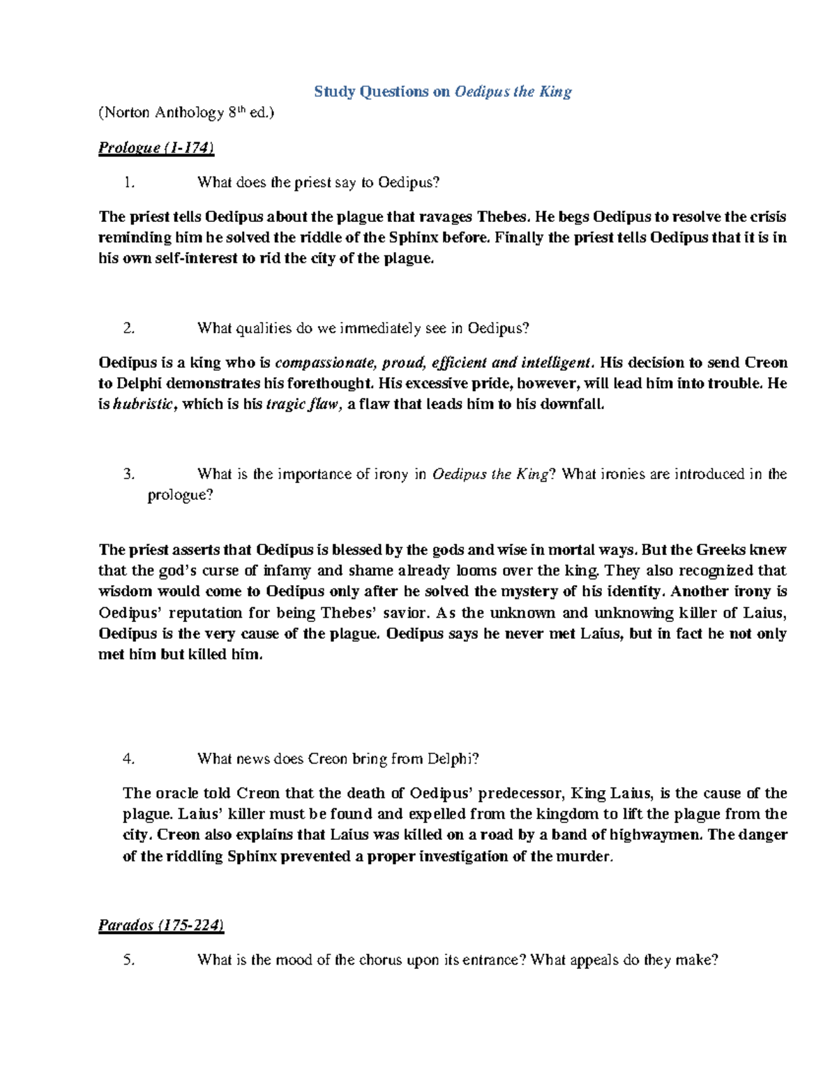 Study Questions on Oedipus the King - Study Questions on Oedipus the ...