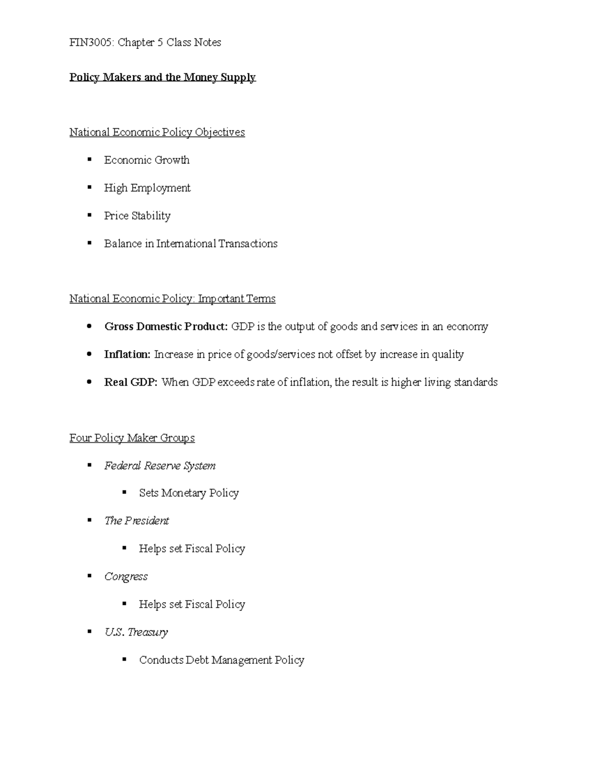 FIN3005-Chapter 5Notes - Policy Makers and the Money Supply National ...