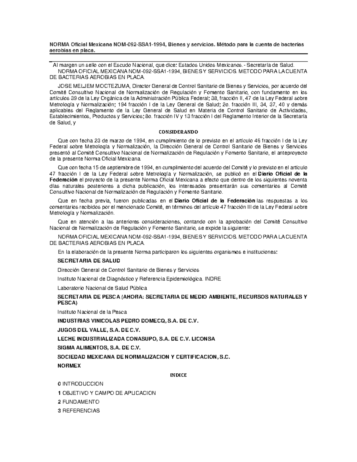 NOM-092 SSA-1-1994 - impotante - NORMA Oficial Mexicana NOM- 092 - SSA1-1994, Bienes y servicios ...