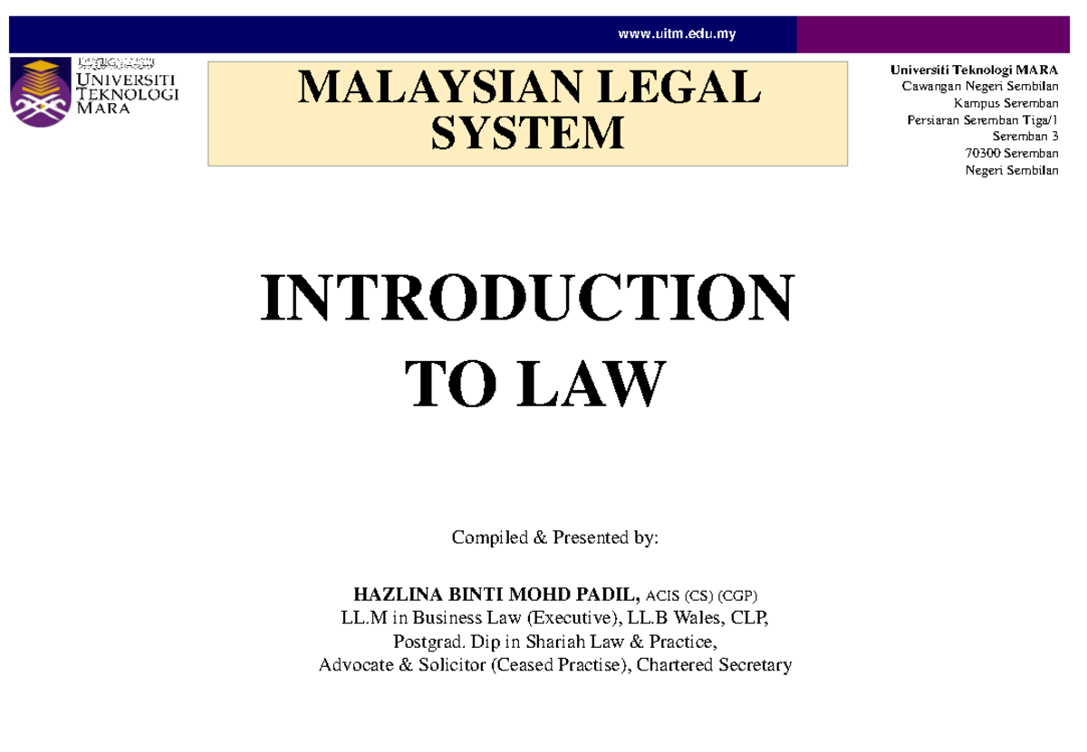 1-introduction to Law - Slide material - uitm.edu Universiti Teknologi ...