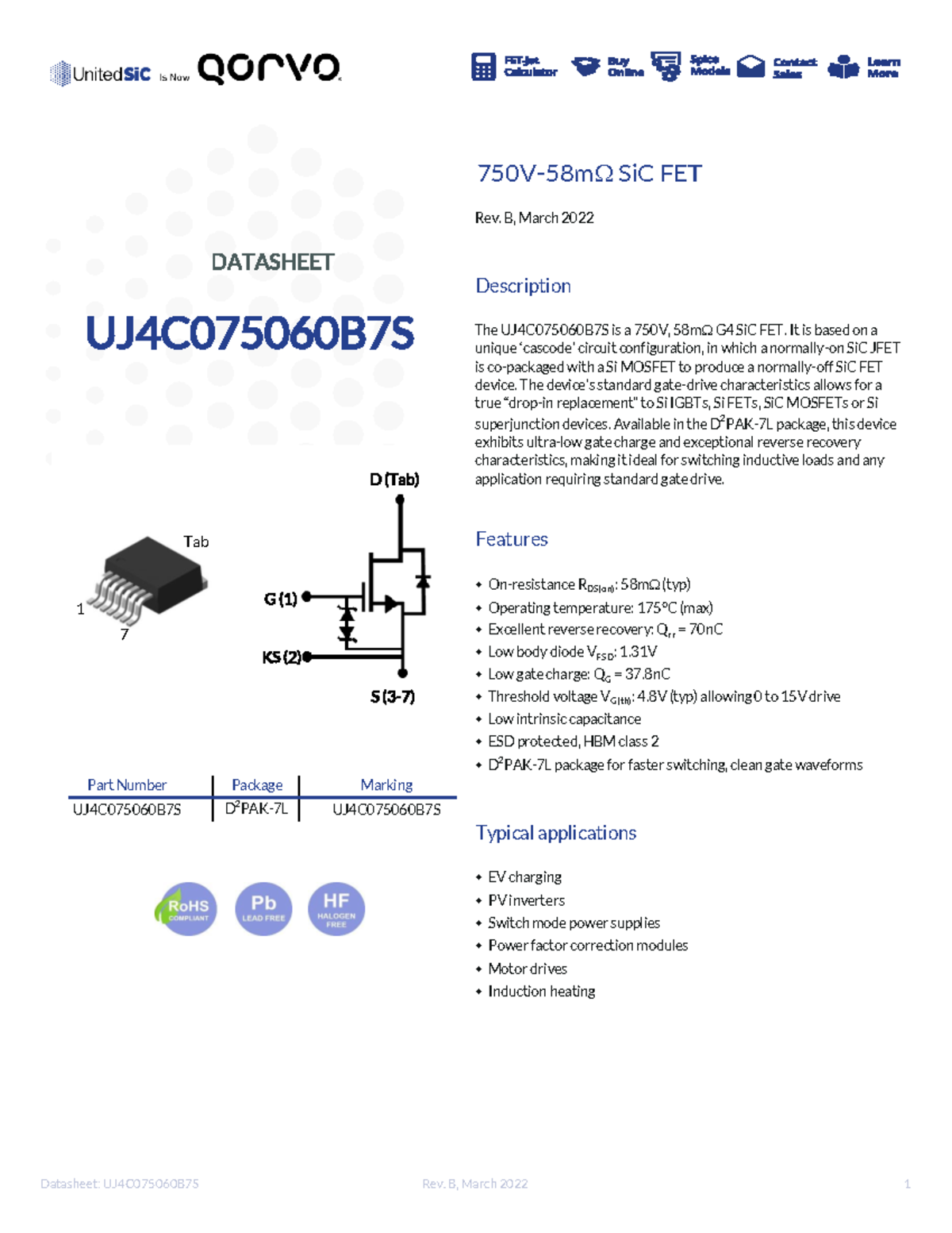 DS UJ4C075060 B7S - Rev. B, March 2022 Description Features Package D 2 ...