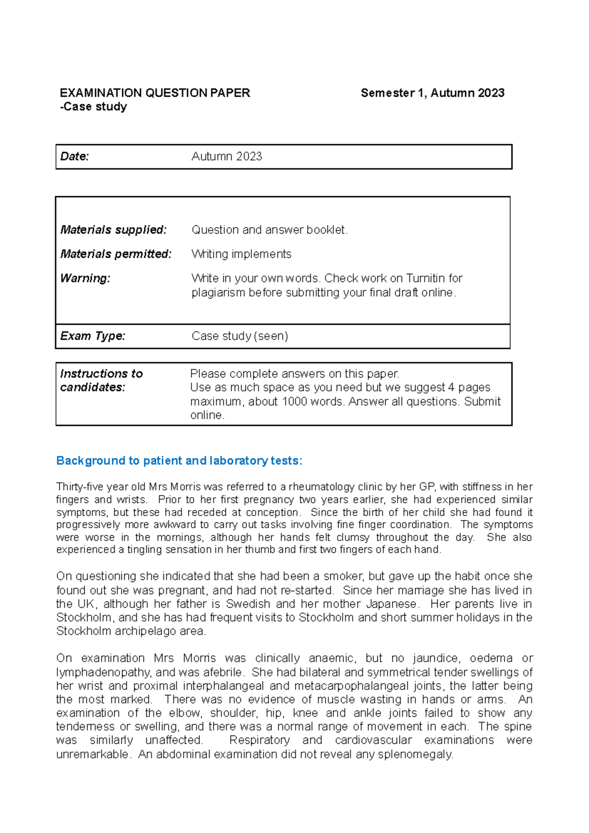 BM7004 Case Study - EXAMINATION QUESTION PAPER -Case study Semester 1 ...