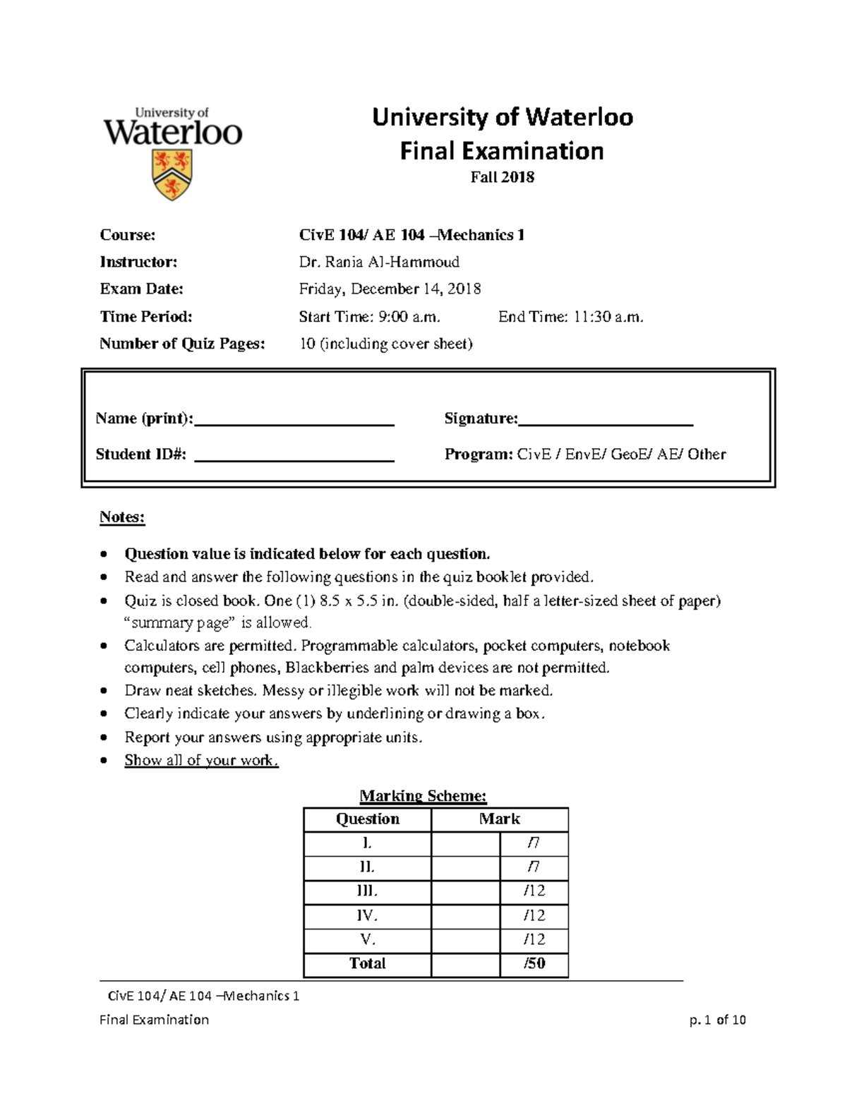 CIVE 104 - finexm-F18 - Final exam - CivE 104 / AE 104 – Mechanics 1 ...
