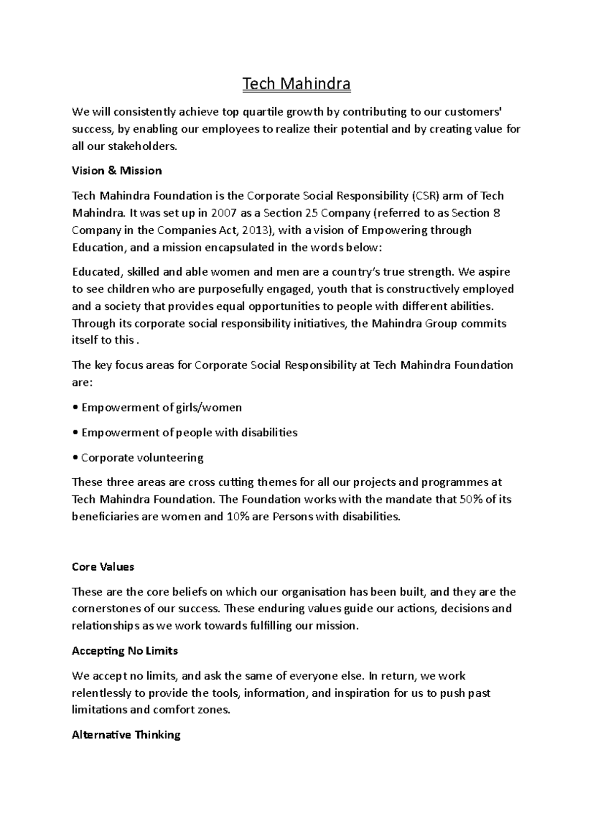 Mission Vision and Value Statement - Tech Mahindra We will consistently ...