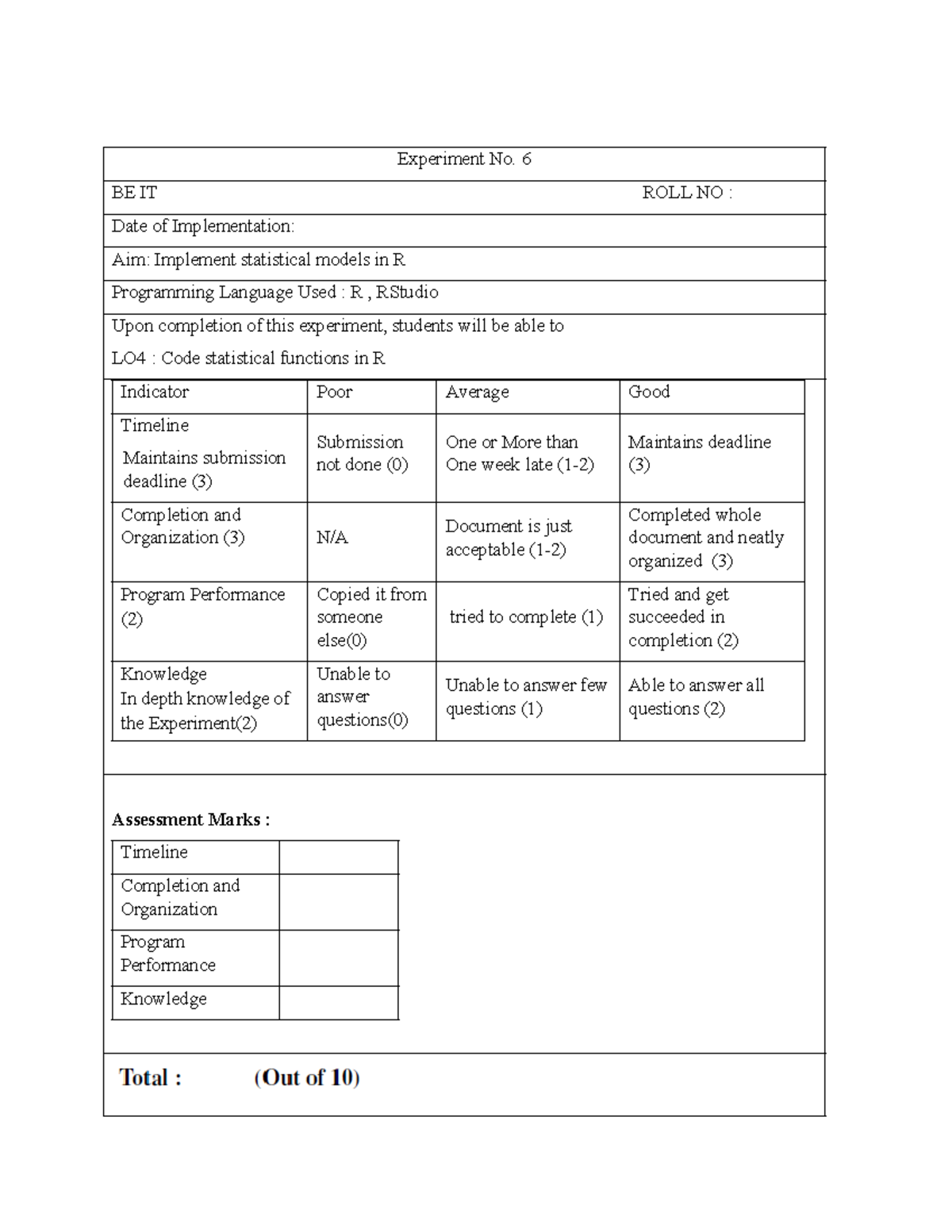 Exp6 writeup - R Lab assignments - Experiment No. 6 BE IT ROLL NO : Date of Implementation: Aim ...