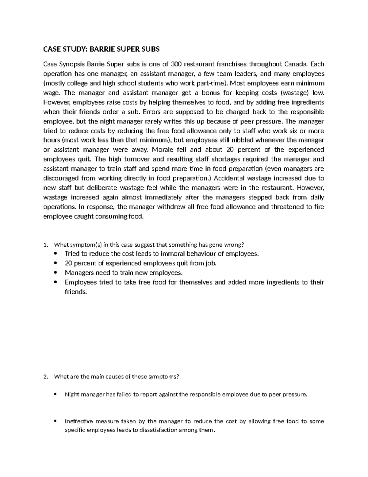 Case Study - Barrie Super Subs - CASE STUDY: BARRIE SUPER SUBS Case Synopsis Barrie Super subs ...