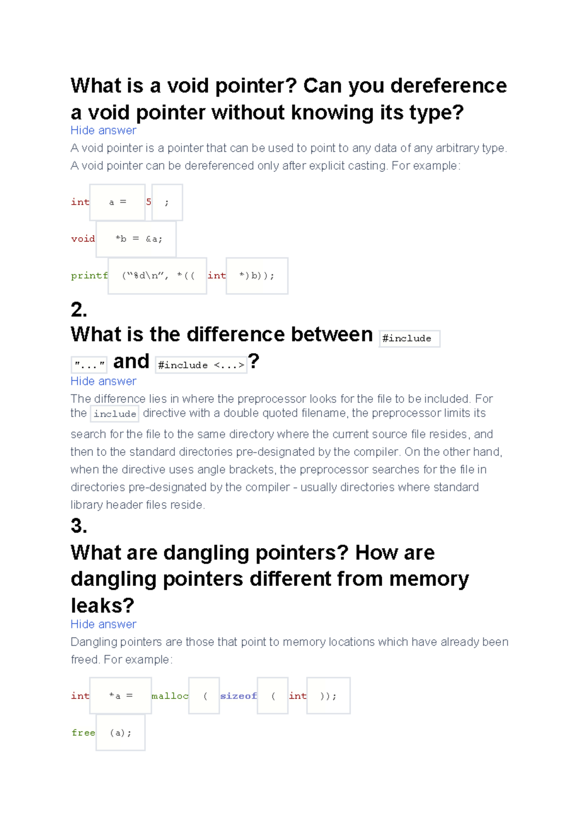 C Interview questions - What is a void pointer? Can you dereference a void pointer without ...