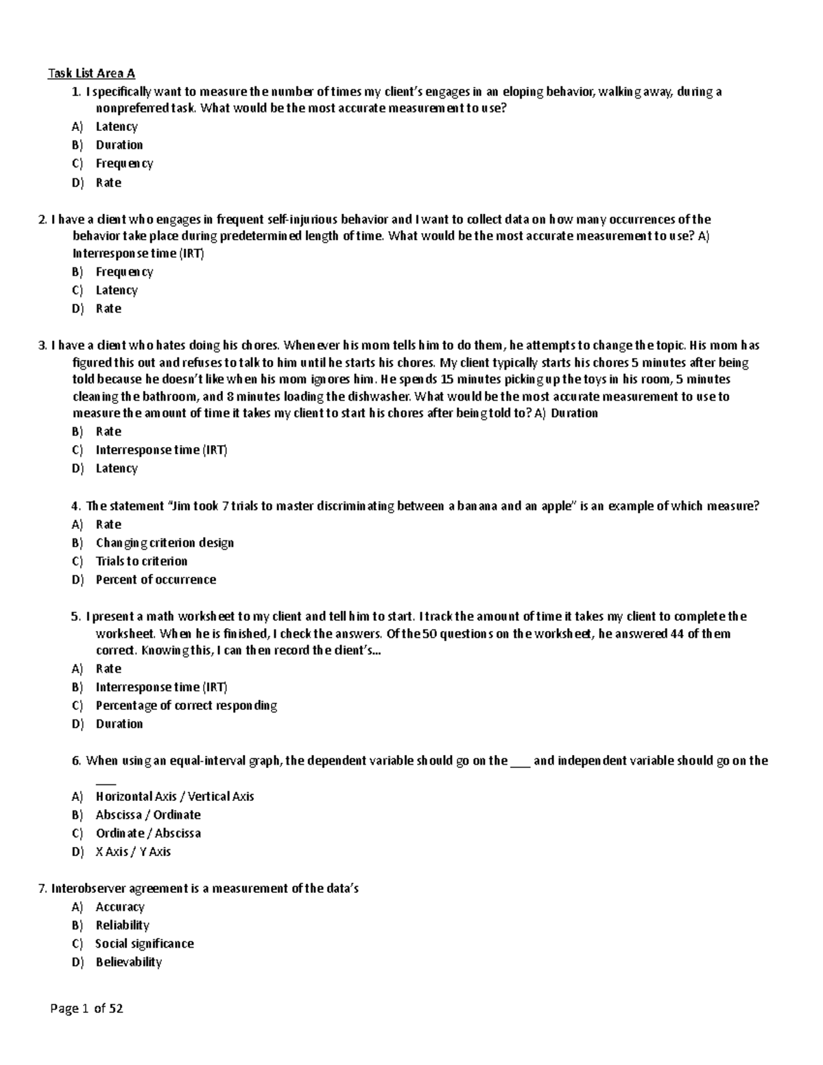 Cbmock questions - ABA mock exam - Task List Area A 1. I specifically ...