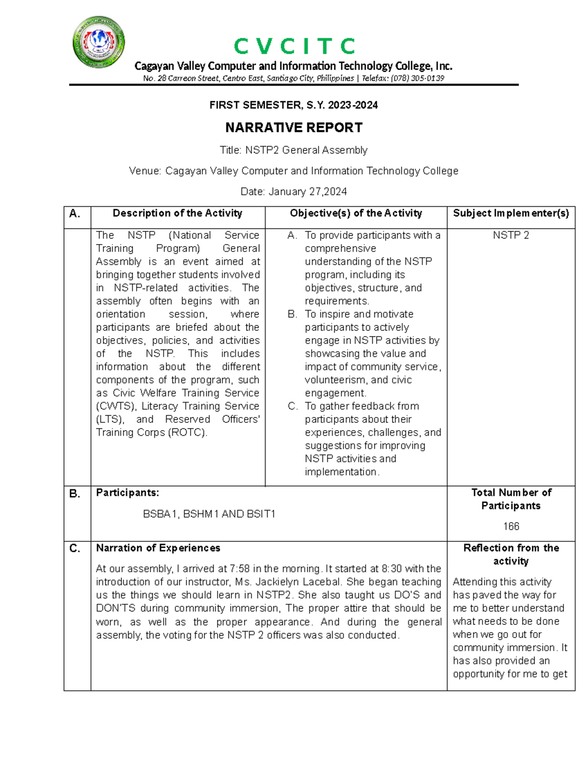 Week-1 (01-27-24) - YES - C V C I T C Cagayan Valley Computer and ...
