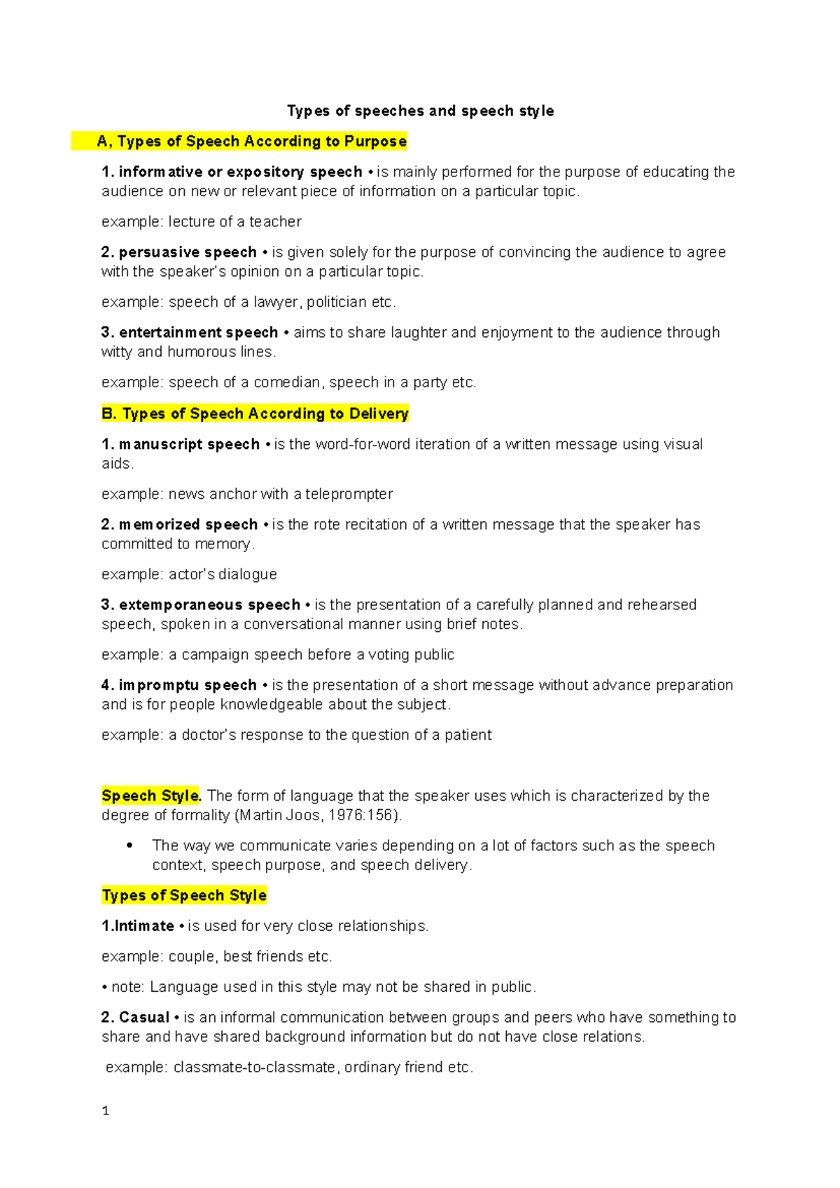 Types of speeches and speech style - example: lecture of a teacher ...