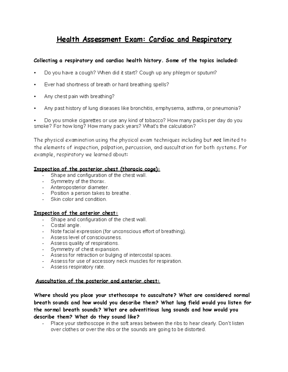 Health Assessment Exam Cardiac and Respiratory study guide - Health ...