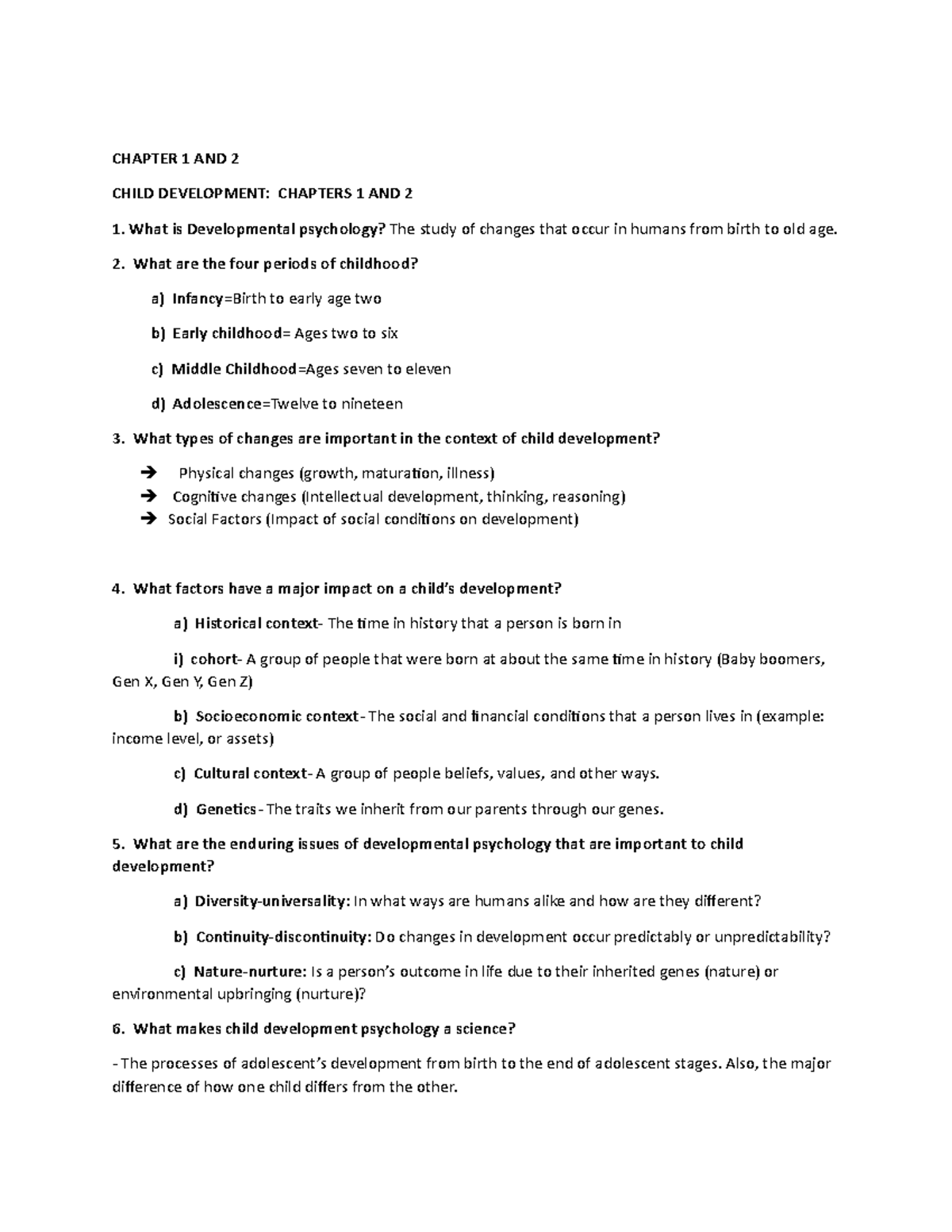 Child Development EXAM - CHAPTER 1 AND 2 CHILD DEVELOPMENT: CHAPTERS 1 ...