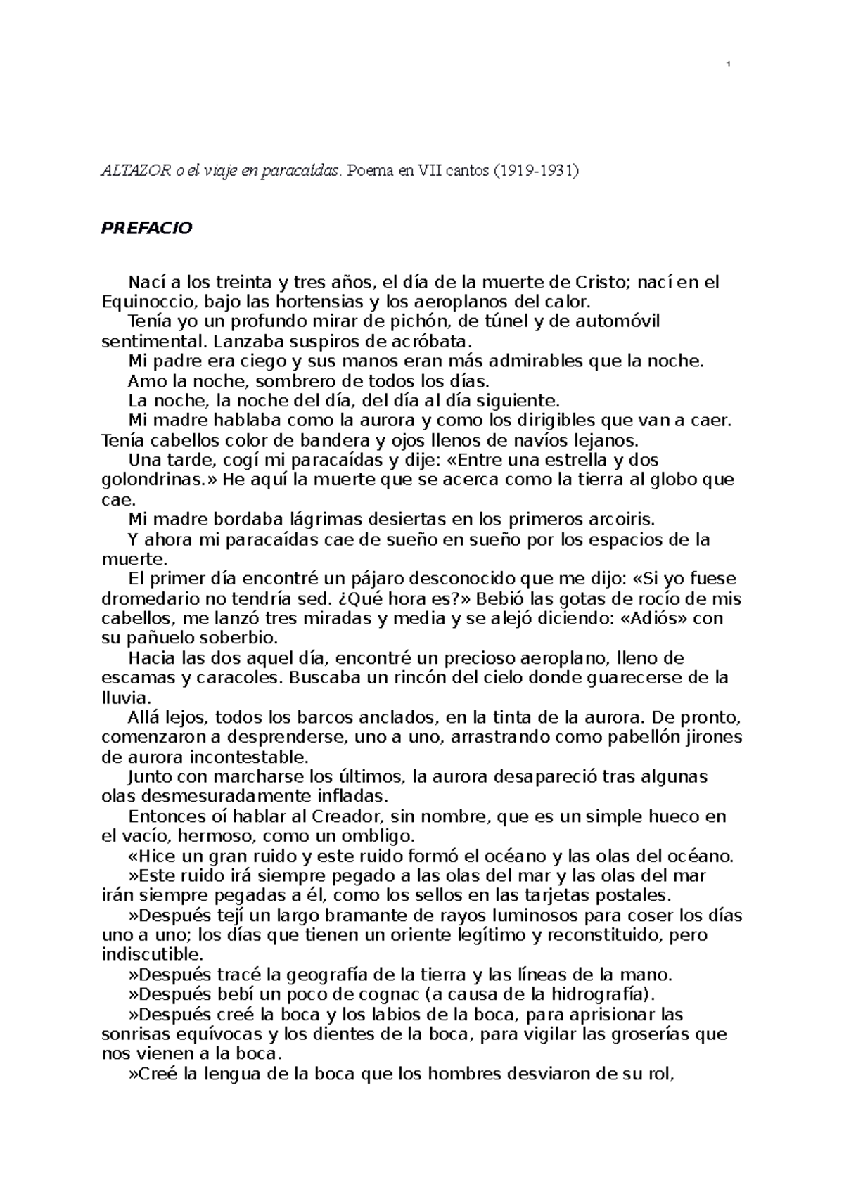 Huidobro, Altazor - ALTAZOR o el viaje en paracaídas. Poema en VII ...