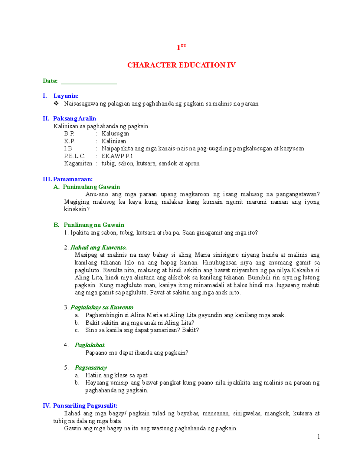 Grade 4 DLP Character Education - 1 ST CHARACTER EDUCATION IV Date ...