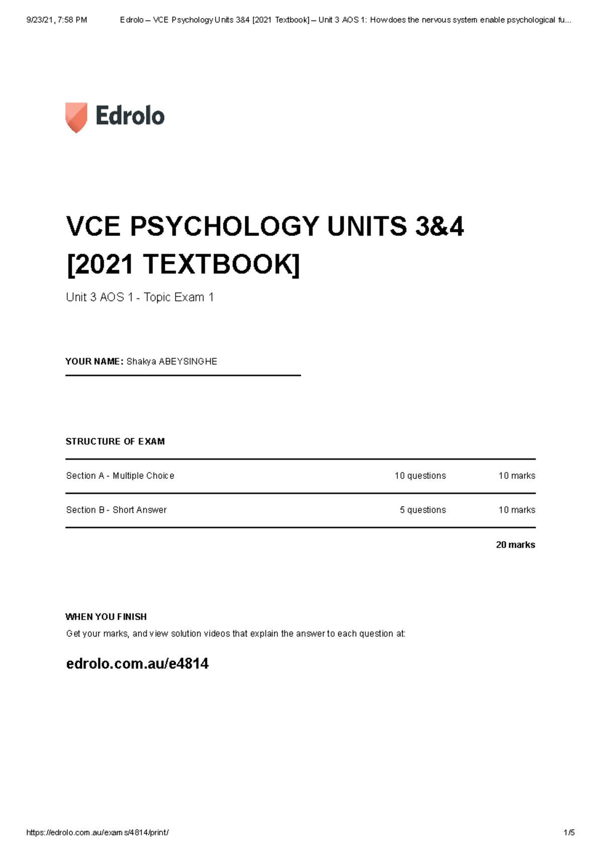 Edrolo VCE Psychology Units 3 4 2021 Textbook Unit 3 AOS 1 How
