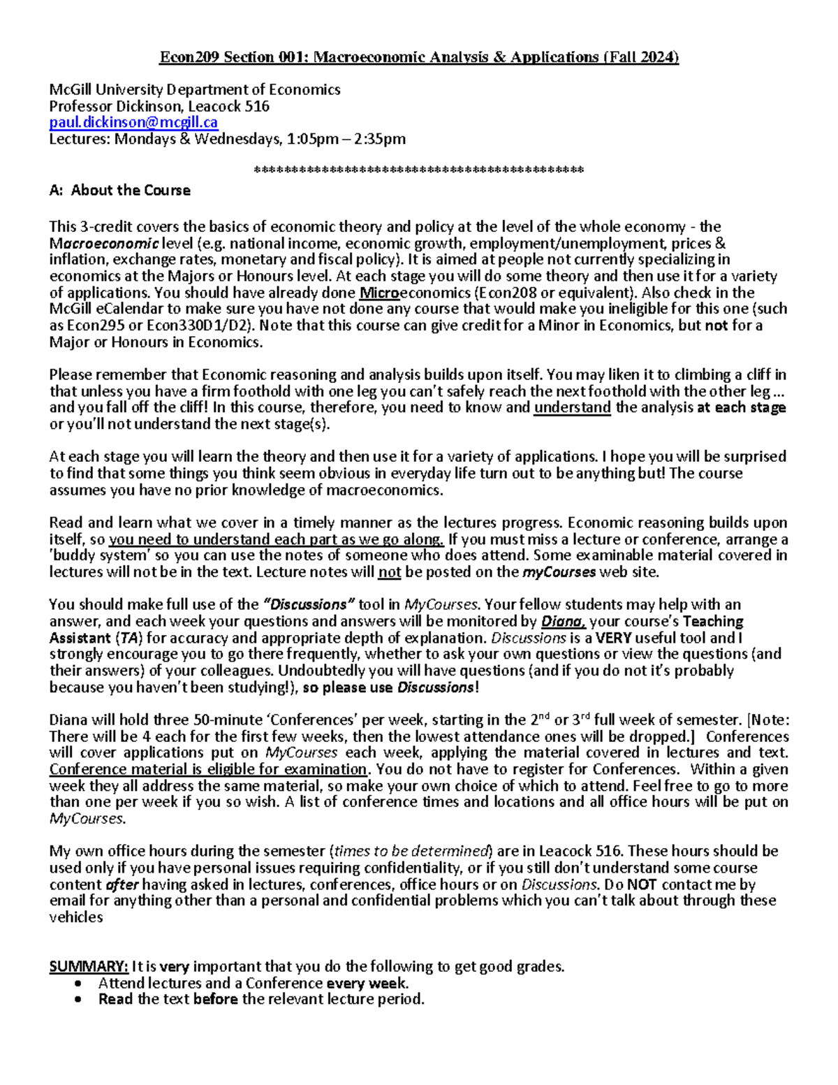 Course Outline Econ209-001 F2024 - Econ20 9 Section 00 1 : Macroeconomic Analysis & Applications ...