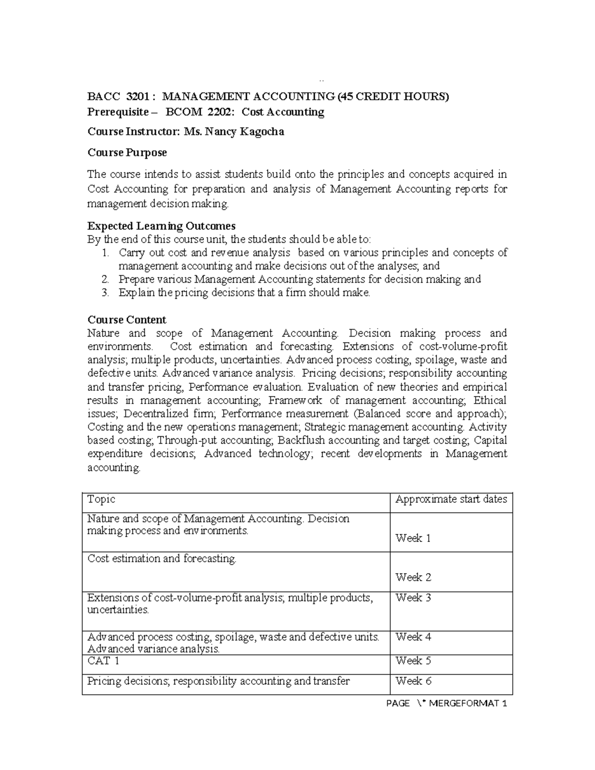 BACC 3201 Management Accounting Course Outline- DOX - .. BACC 3201 ...
