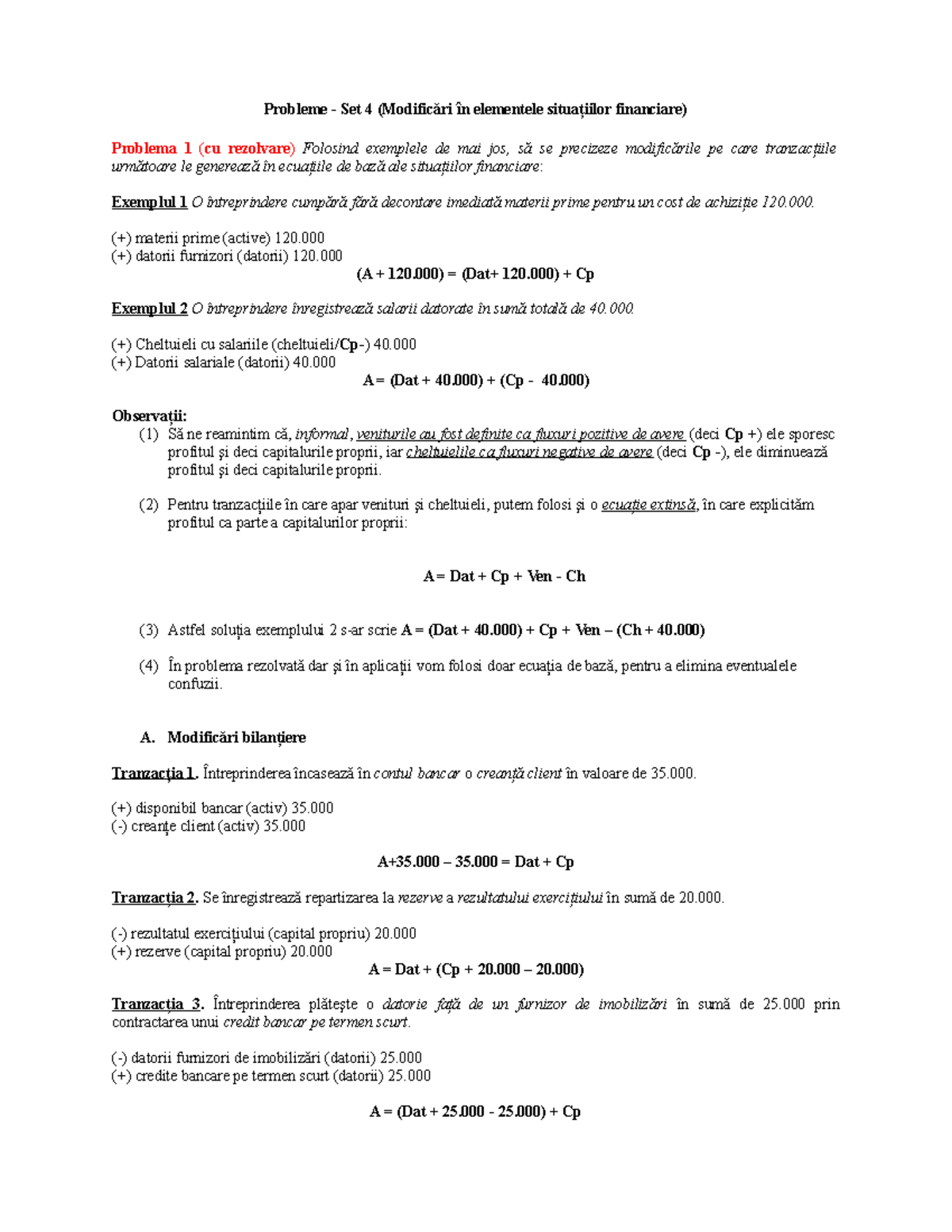Contabilitate - Set 4 - Probleme - Set 4 (Modificări în elementele ...