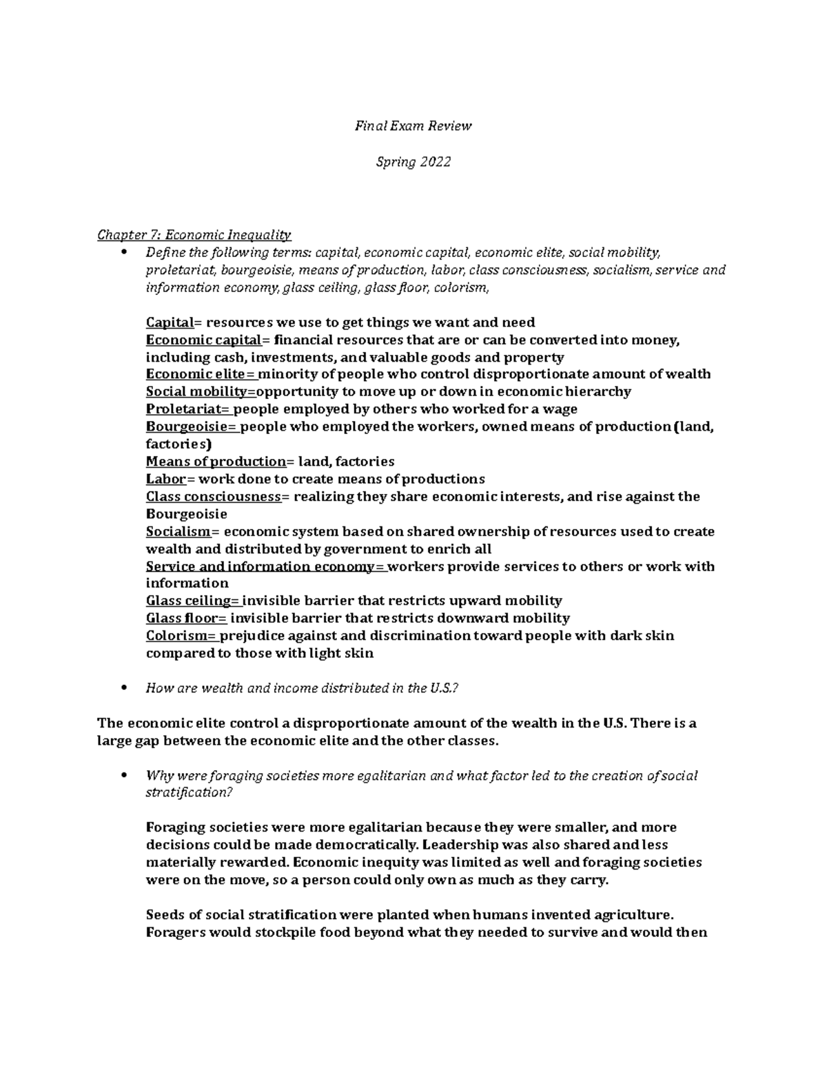 Final Exam Review - Final Exam Review Spring 2022 Chapter 7: Economic ...