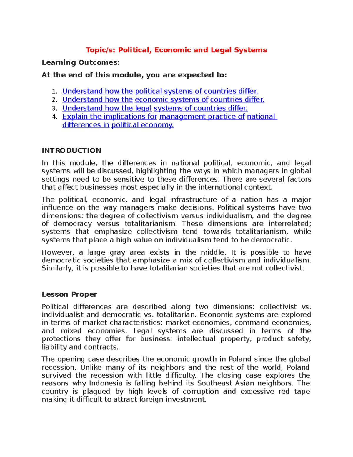 4 - political, economic, and legal systems - Topic/s: Political ...
