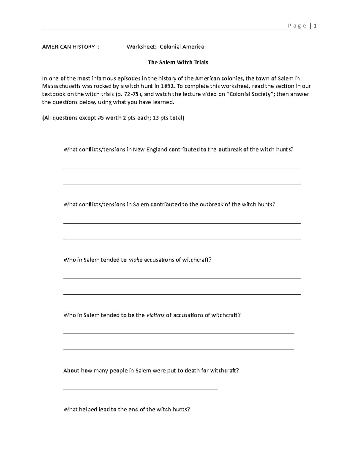 Alyssa Brown - Colonial America Worksheet - P a g e | 1 AMERICAN ...