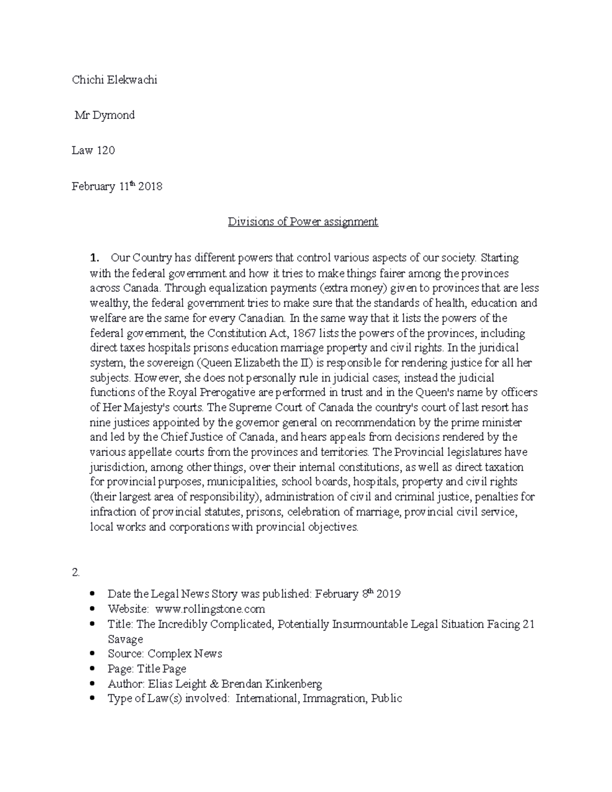 Divisions of Power Assignment - Chichi Elekwachi Mr Dymond Law 120 ...