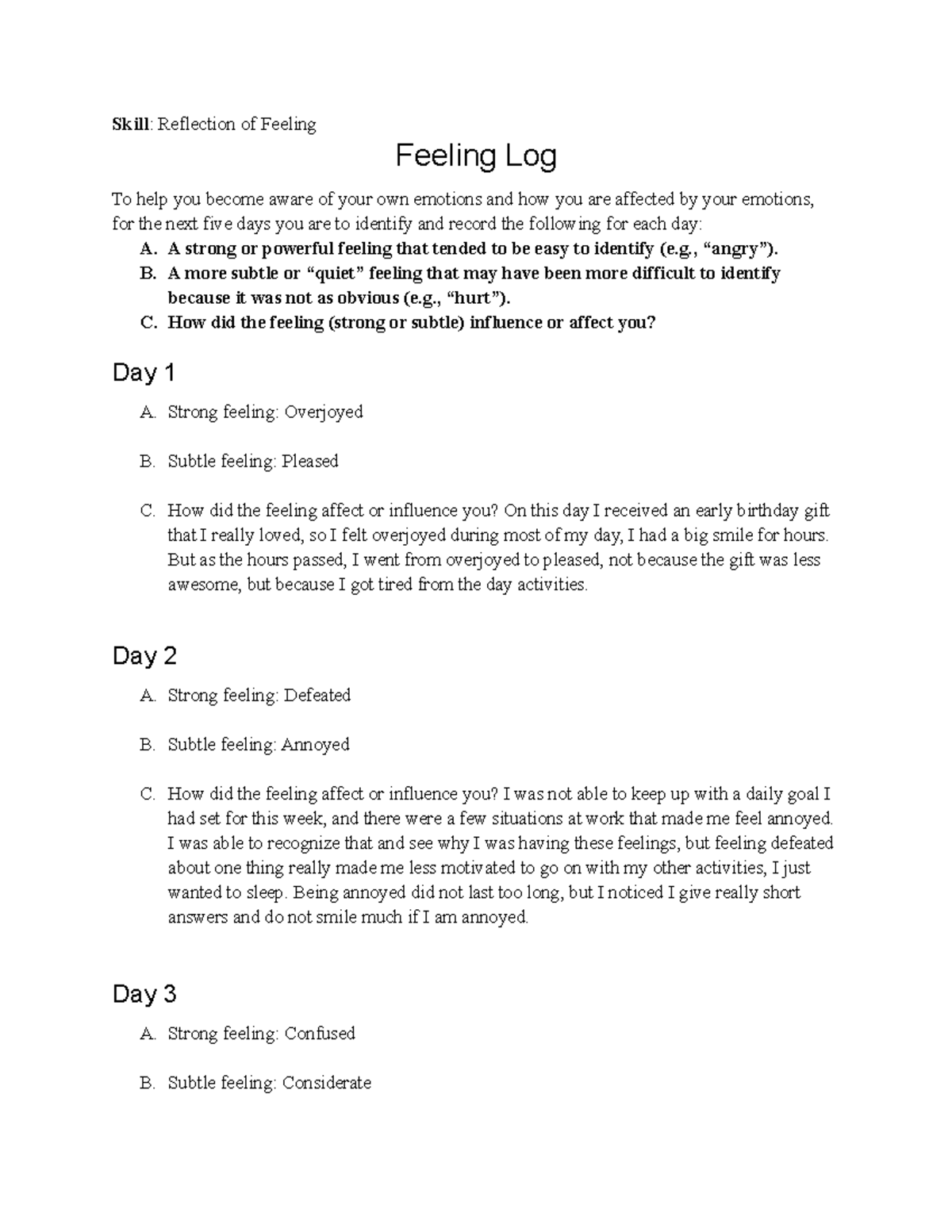 W02 Worksheet Feeling Log - Skill: Reflection of Feeling Feeling Log To ...