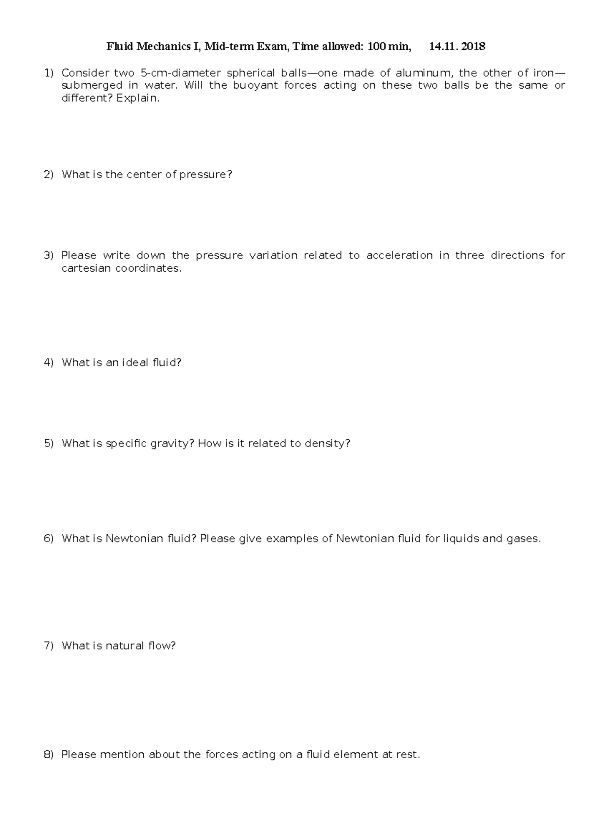 Midterm 18 January 2018, questions - Fluid Mechanics I, Mid-term Exam ...