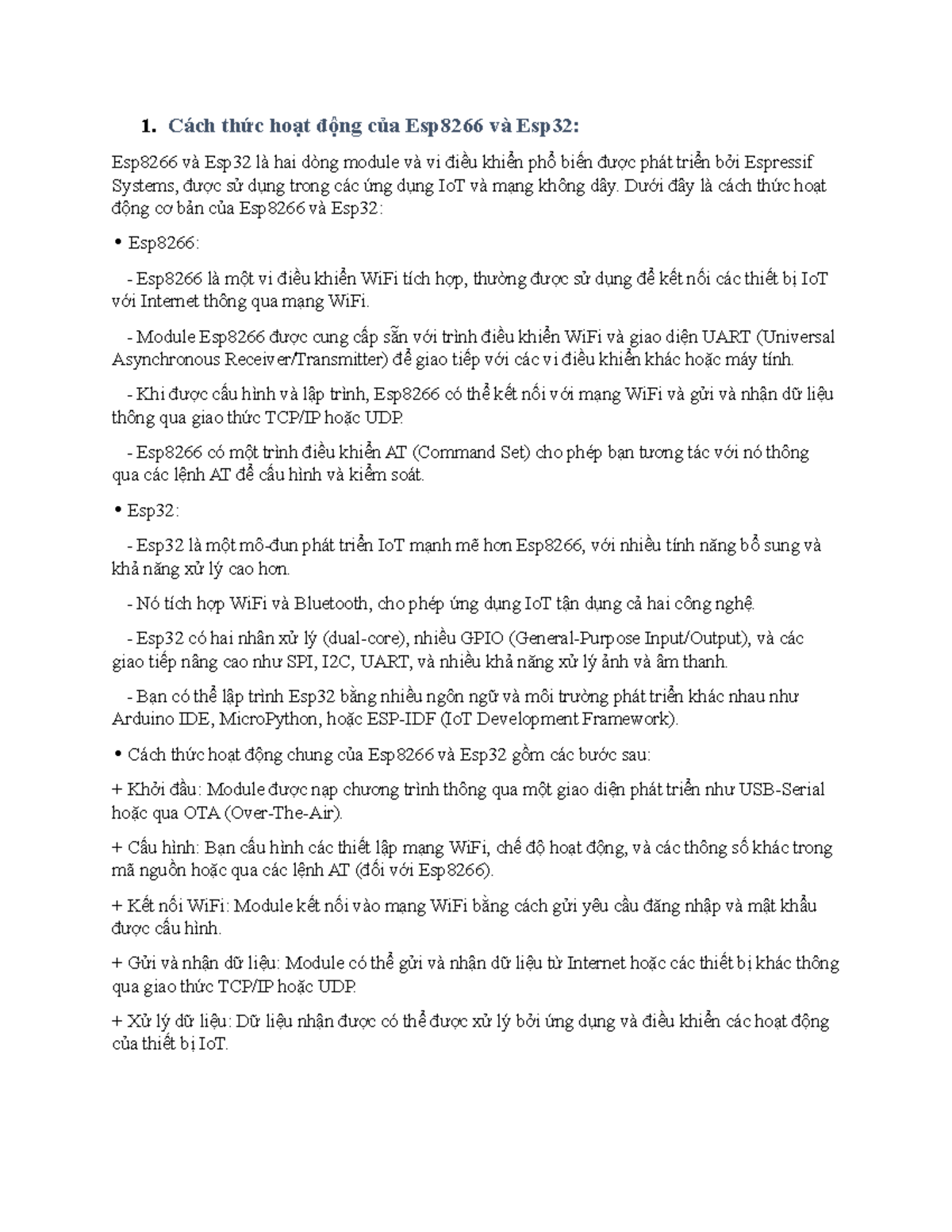 Báo cáo tiến độ PBL3-T1 - asdasdasdasd - 1. Cách thức hoạt động của Esp8266 và Esp32: Esp8266 và ...
