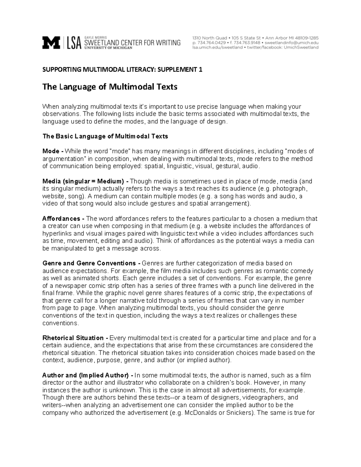 Supplement 1 Language Of Multimodal Texts-1 - SUPPORTING MULTIMODAL ...