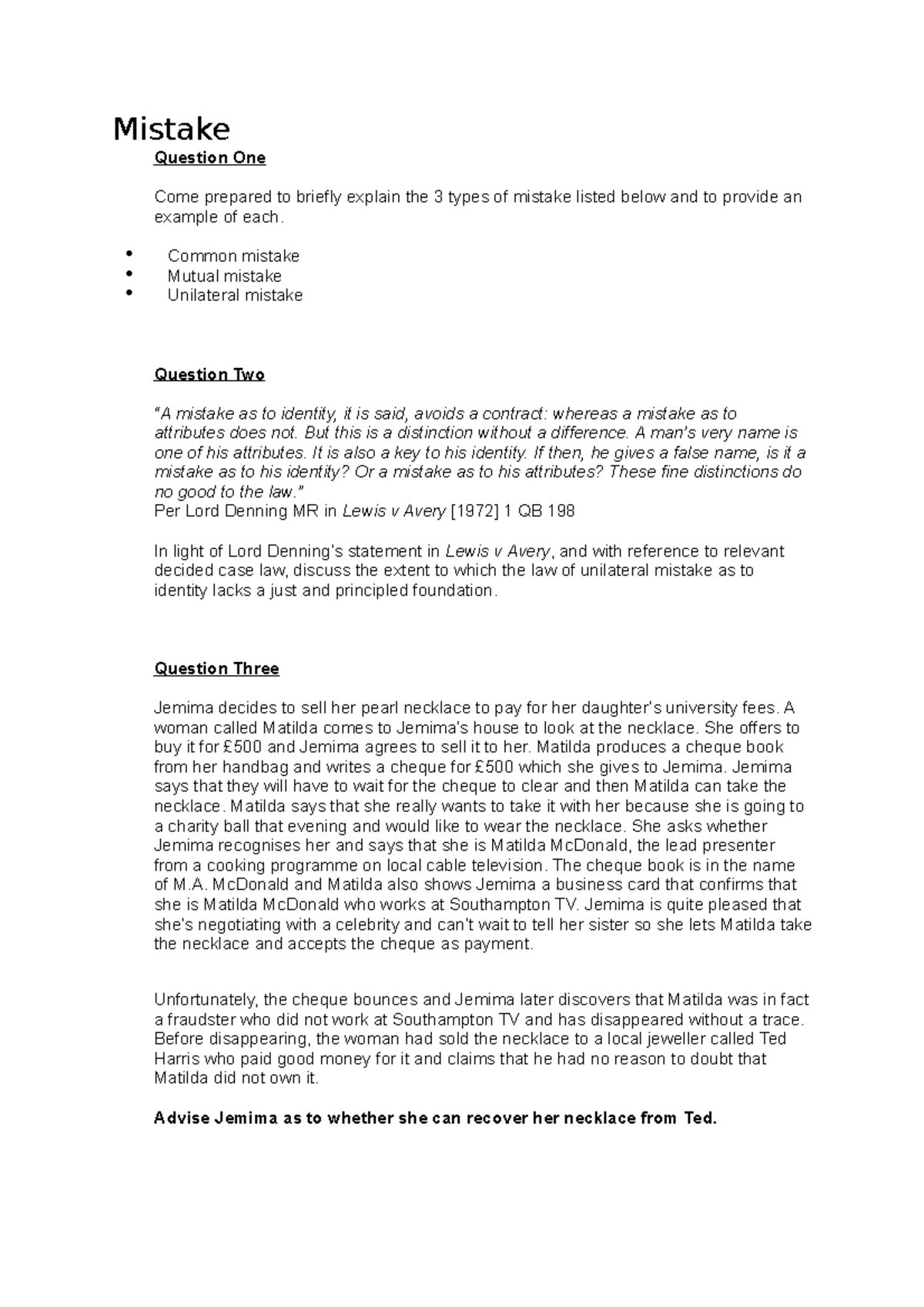 Mistake Seminar 13 - Mistake Question One Come prepared to briefly ...