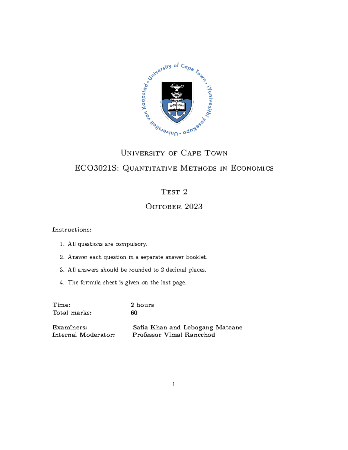 ECO3021S 20Test 2 202023-1 - University of Cape Town ECO3021S ...