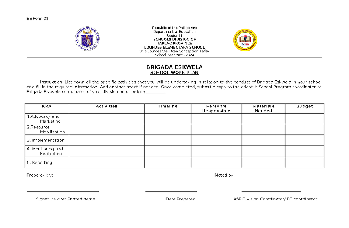 BE Form 2 School WORK PLAN 1 - BE Form 02 Republic of the Philippines ...