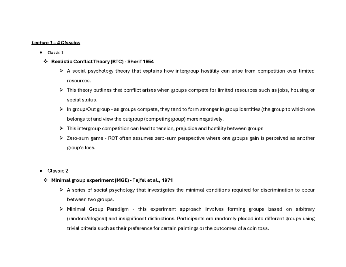 PSYC2212 - Revision Notes - Lecture 1 – 4 Classics - Classic 1 v ...