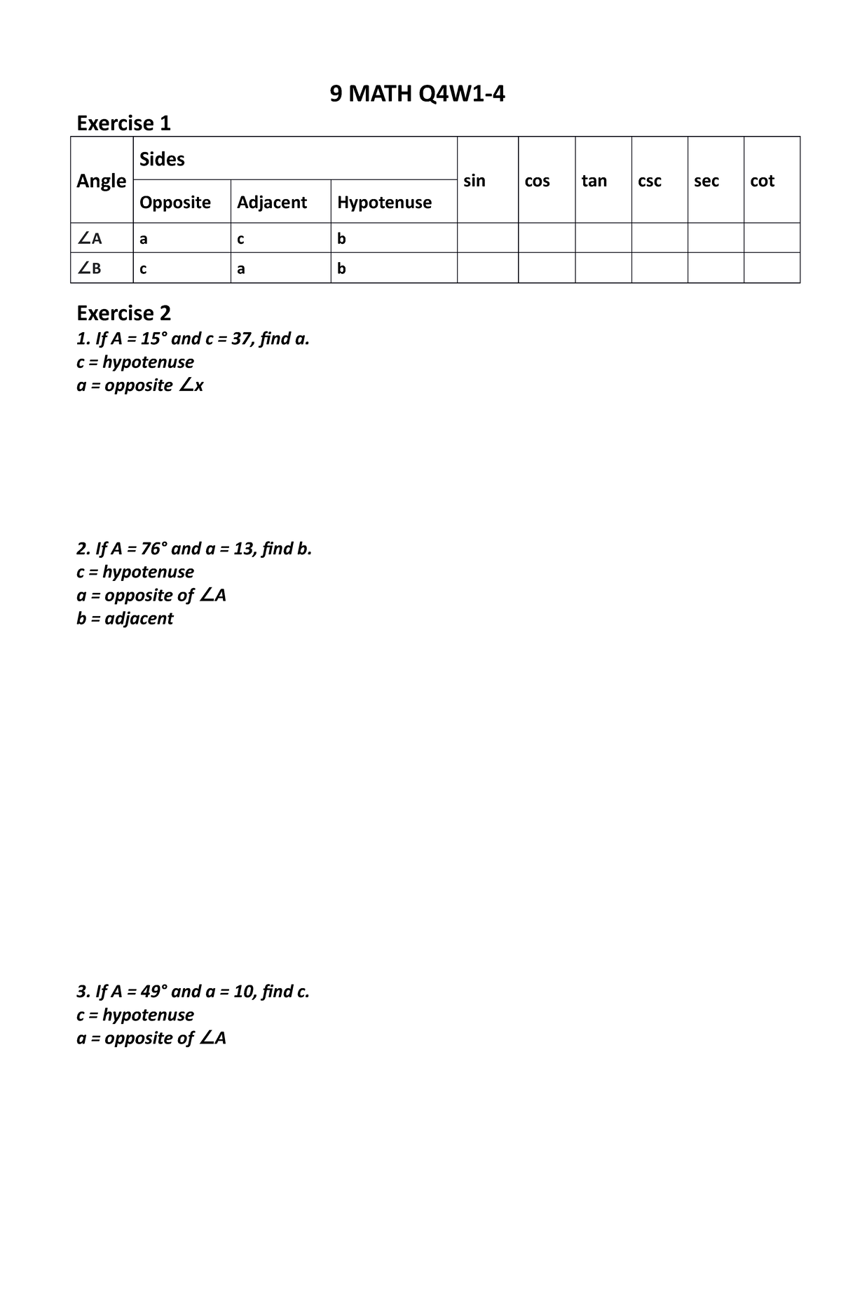 MATH Q4 W1 4 - math - 9 MATH Q4W1- Exercise 1 Angle Sides sin cos tan ...