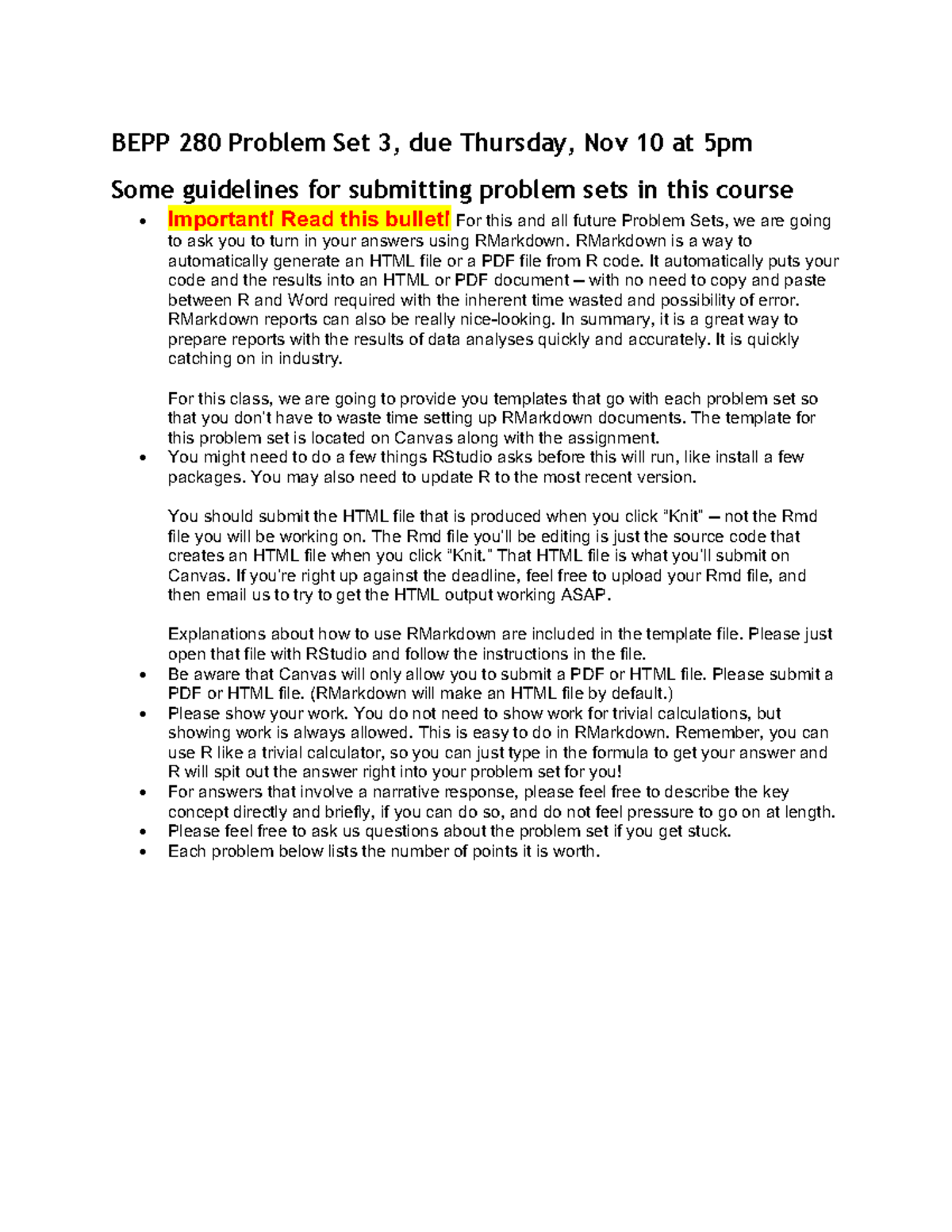 Bepp280 ps3 fall 2022 - BEPP 280 PS3 - BEPP 280 Problem Set 3, due Thursday, Nov 10 at 5pm Some ...