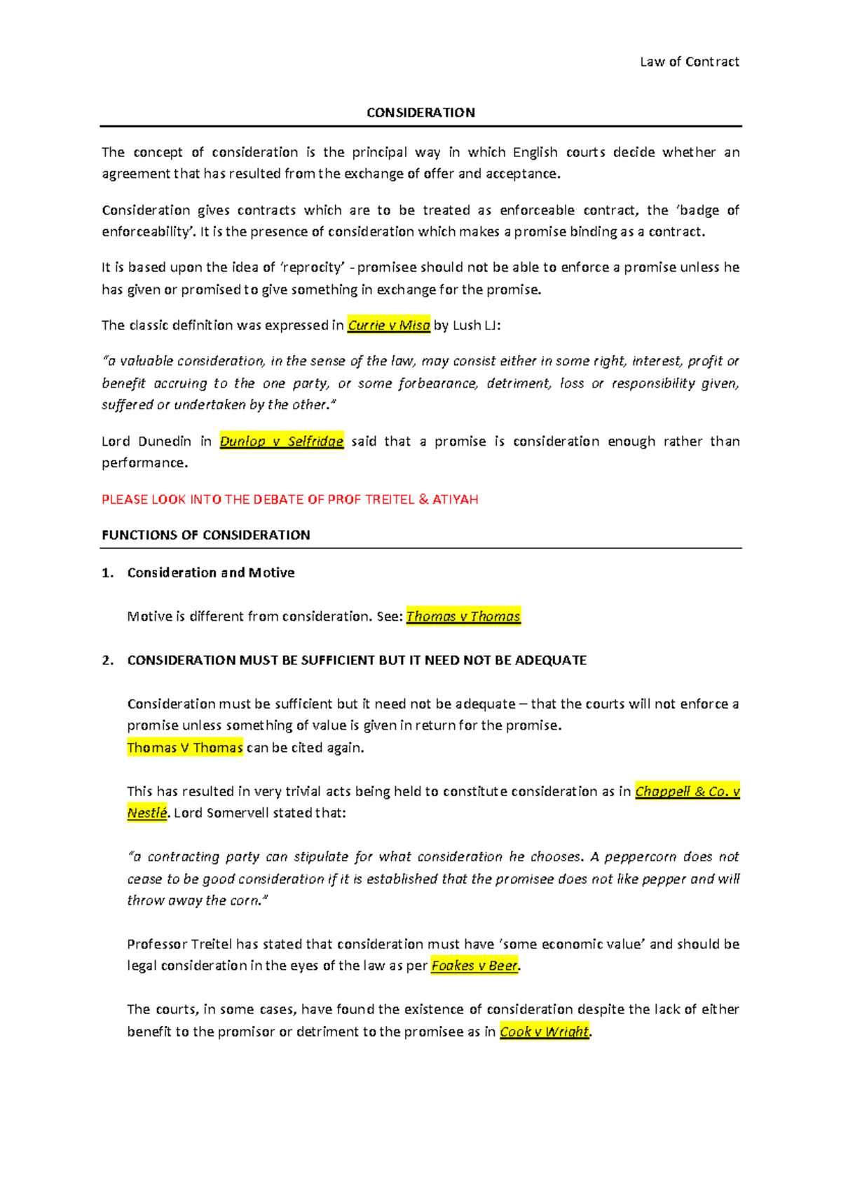 Consideration Notes - CONSIDERATION The concept of consideration is the ...