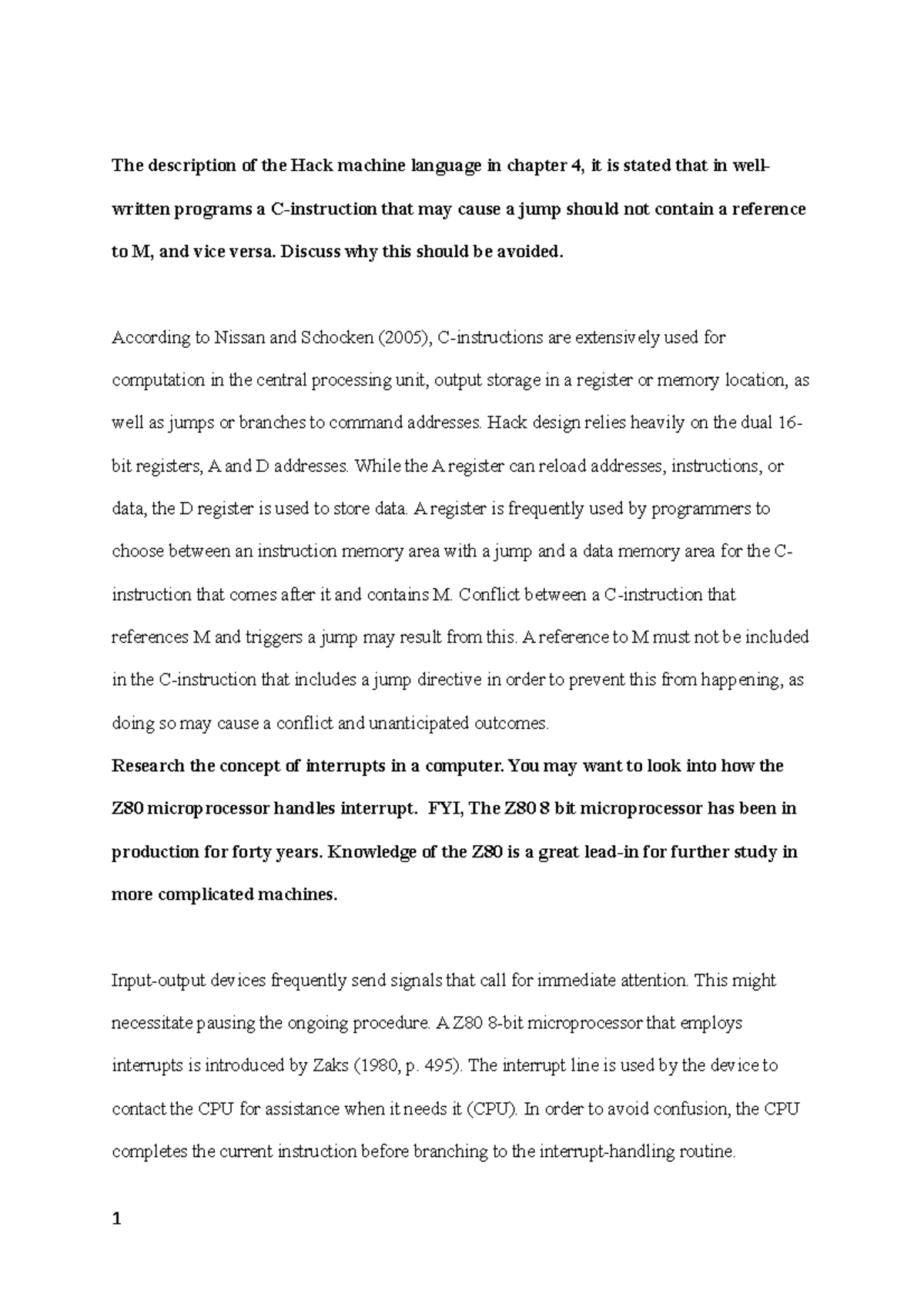 Assignment - The description of the Hack machine language in chapter 4 ...