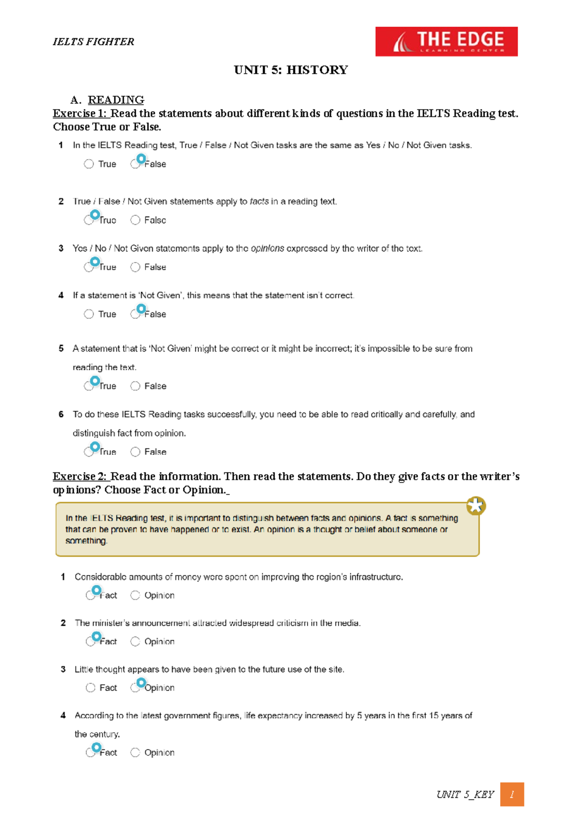 UNIT 5 KEY - IELTS Writing - UNIT 5: HISTORY A. READING Exercise 1 ...