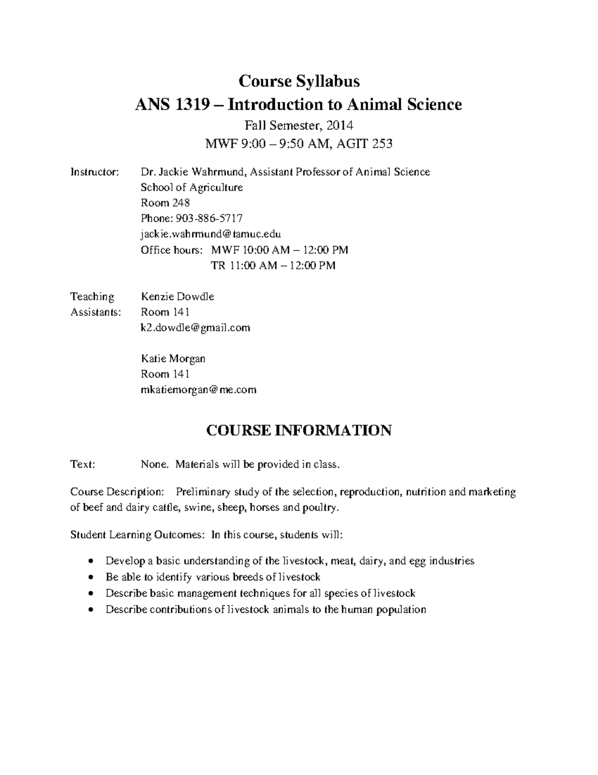 83141 - Short ideas - Course Syllabus ANS 1319 – Introduction to Animal ...
