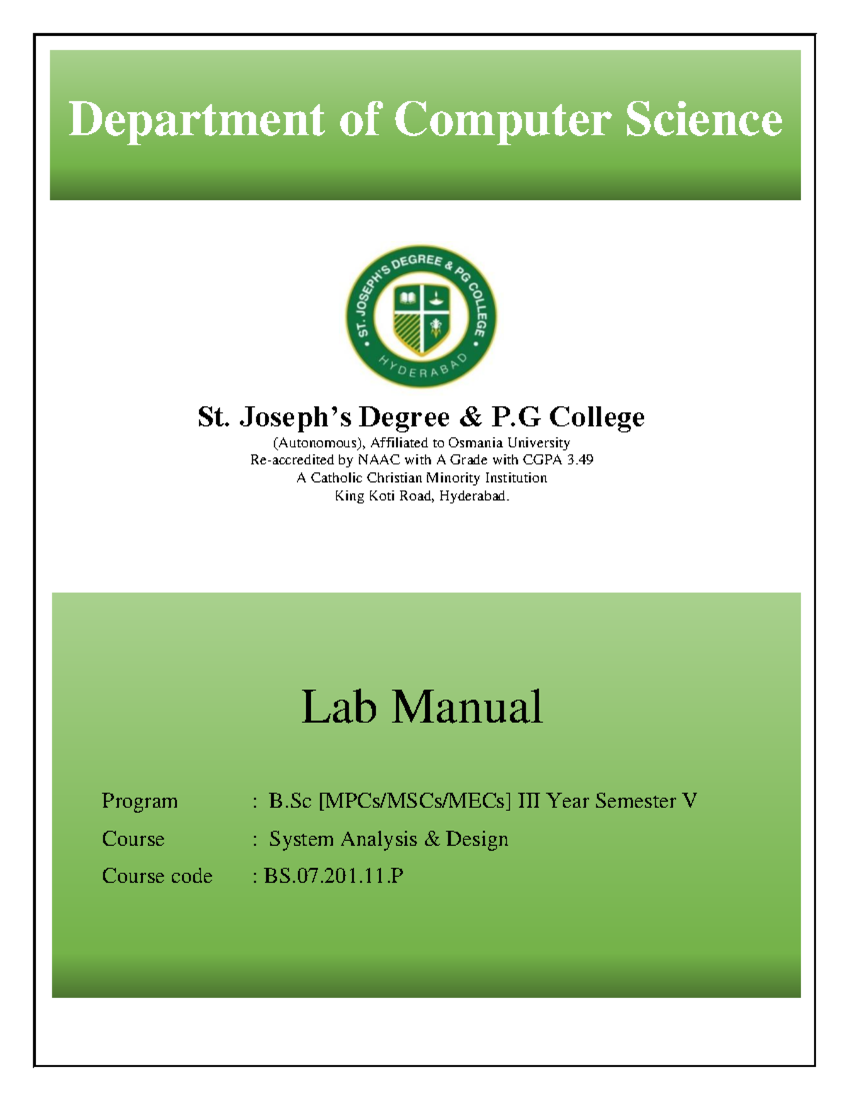 SAD Lab - system analysis design - Department of Computer Science ...