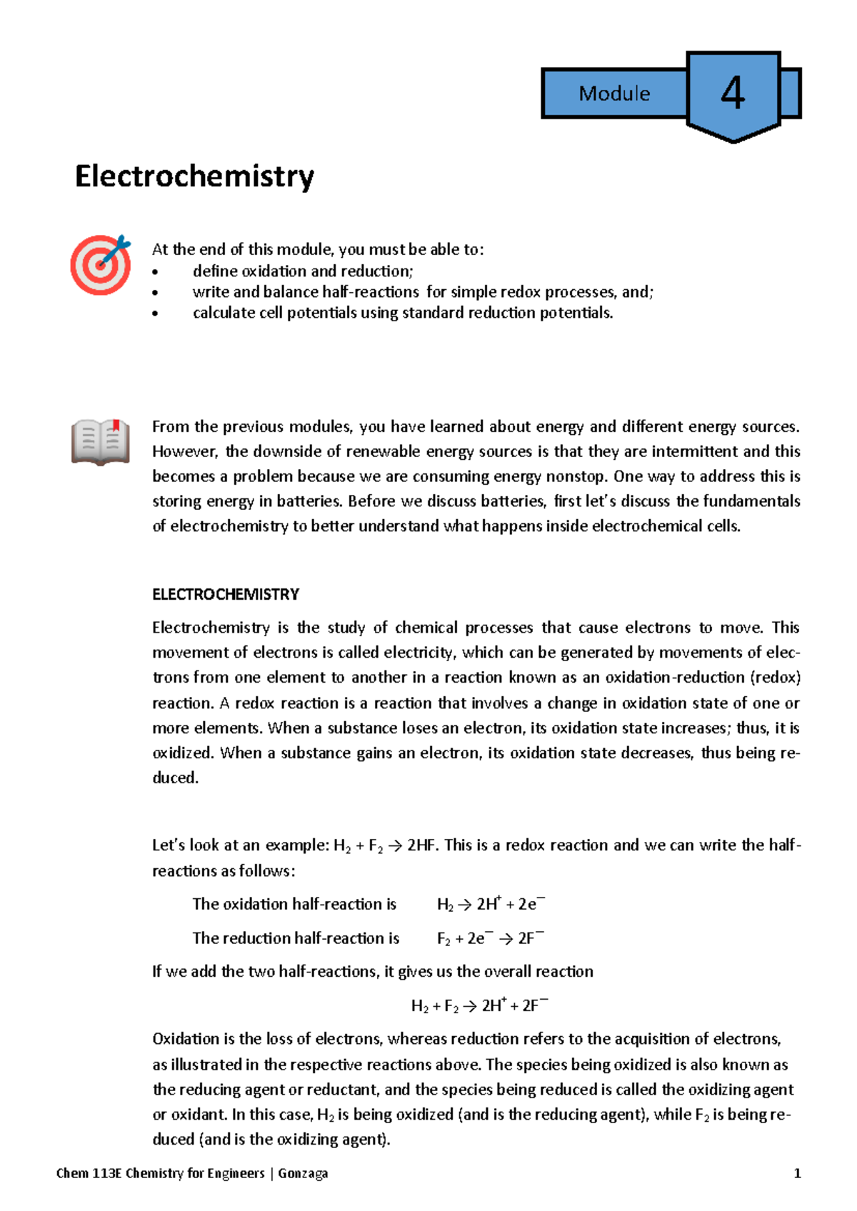 Chem 113E Module 4 - Chemistry for Engineers - Electrochemistry Module ...