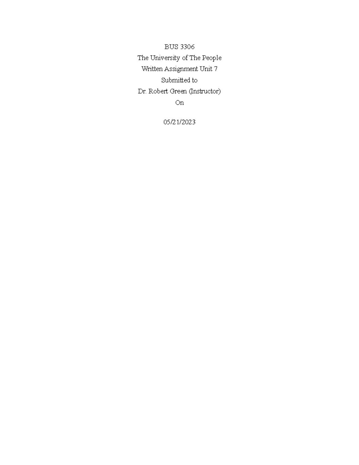 Bus 3306 Written Assignment Unit 7 Bus 3306 The University Of The