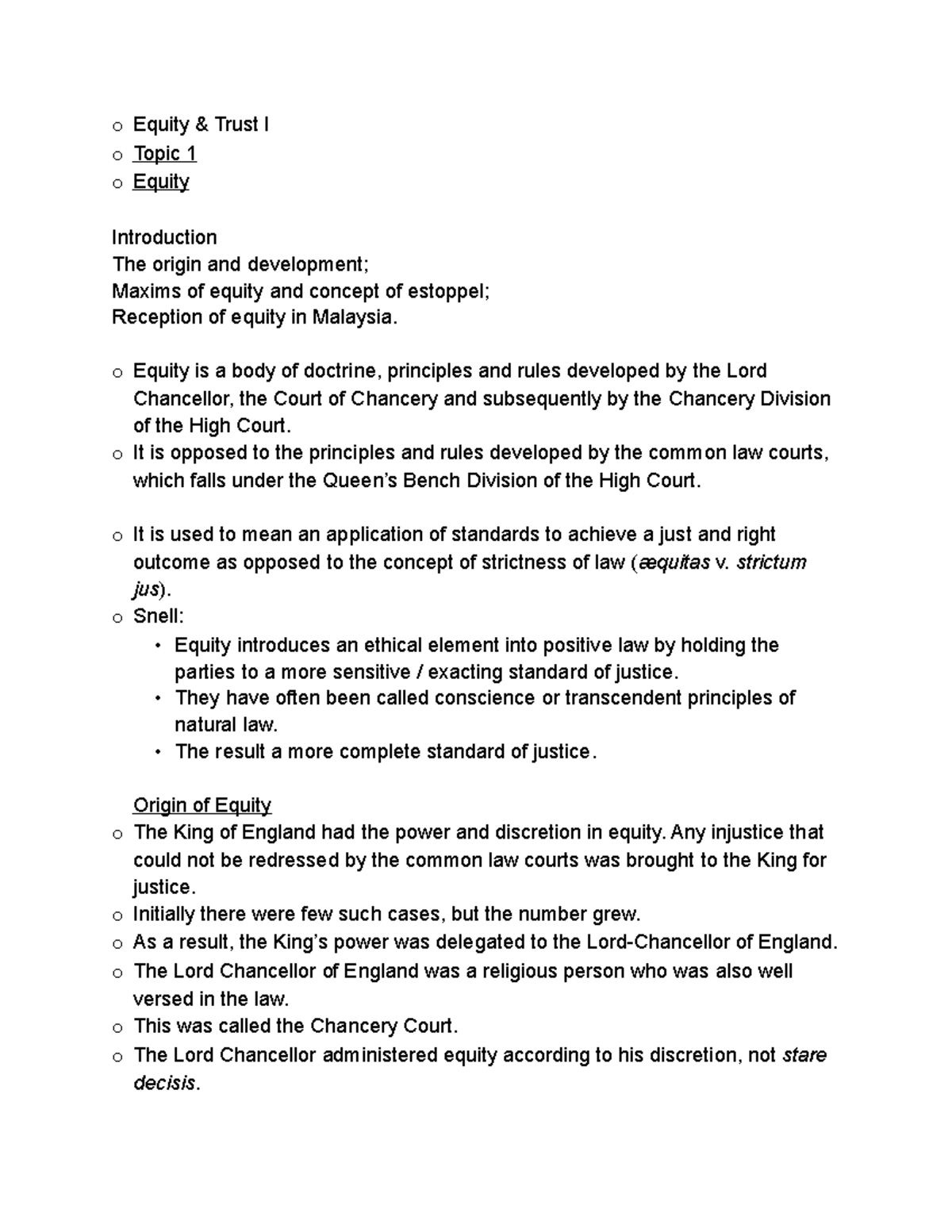 Chapter 1 of Equity and trust - o Equity & Trust I o Topic 1 o Equity ...