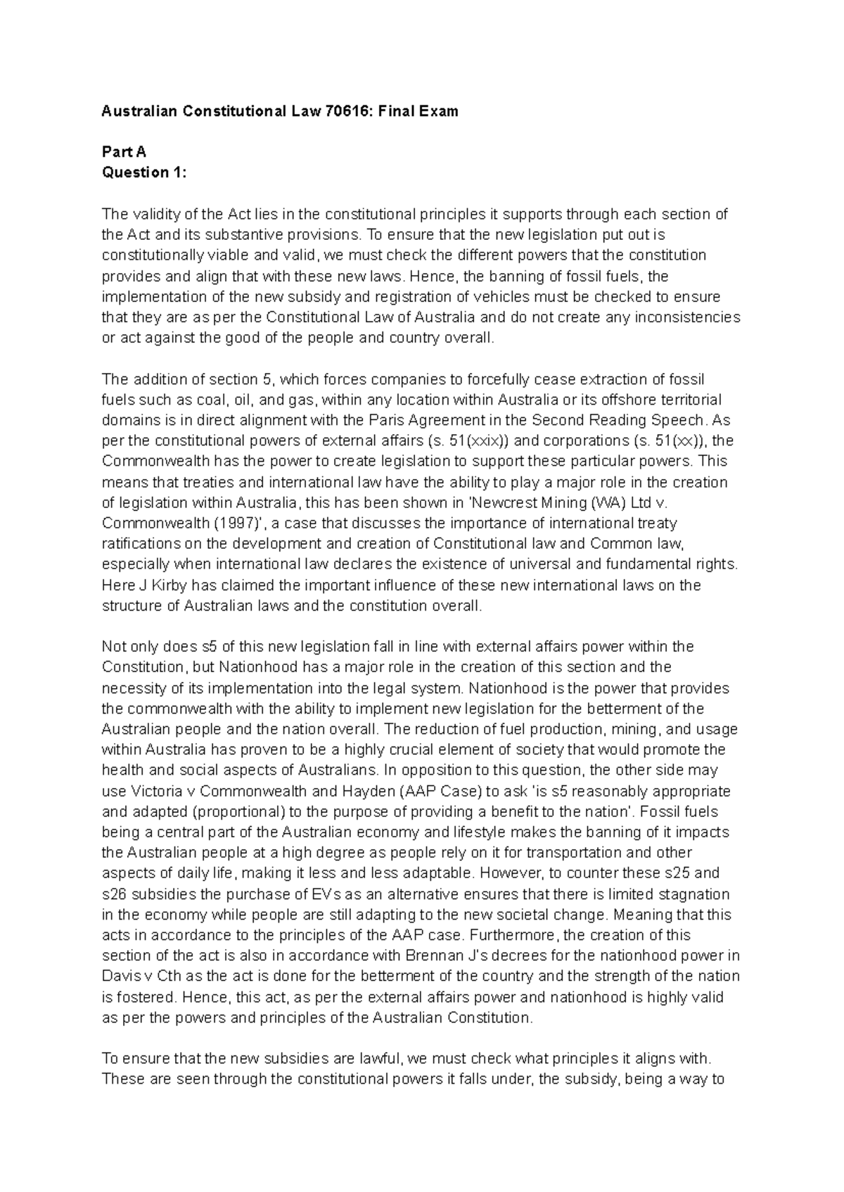 Australian Constitutional Law 70616 Final Exam Sample Answer - Australian Constitutional Law ...